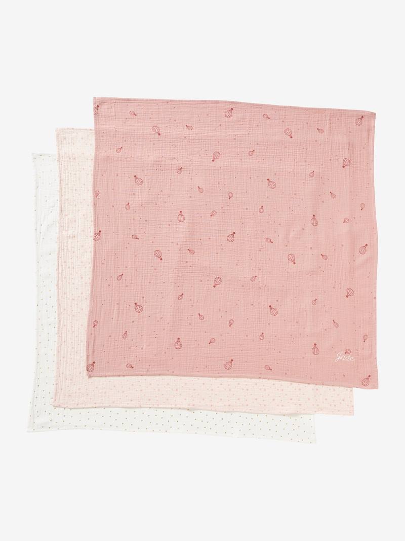 Pack of 3 Muslin Squares in Cotton Gauze - pink/print, Nursery