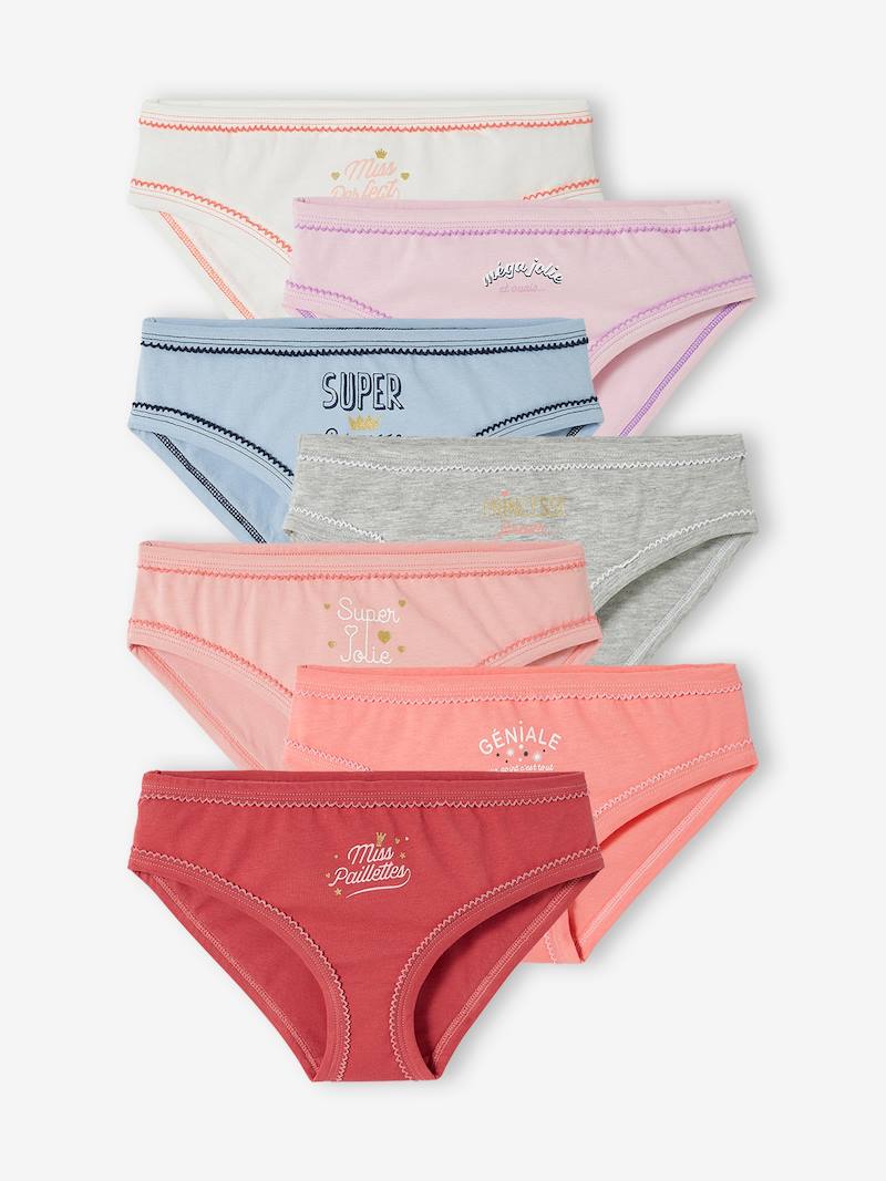 Pack of 7 Briefs for Girls - white light solid with design, Girls