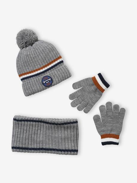 Beanie + Snood + Gloves Set in Rib Knit for Boys - grey medium two ...
