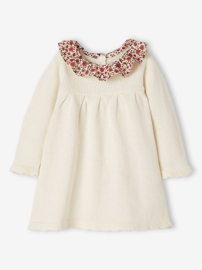 Knitted Dress with Collar in Floral Fabric for Babies - white light ...