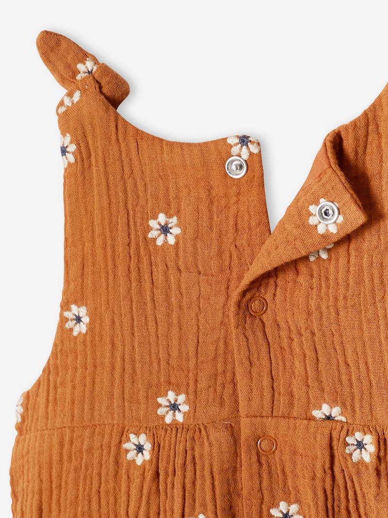 Jumpsuit for Newborn Babies, Embroidery in Cotton Gauze - cocoa, Baby
