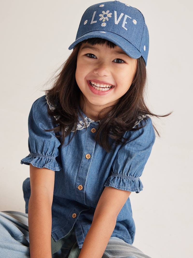 Short Sleeve Denim Shirt with Peter Pan Collar, for Girls - stone, Girls