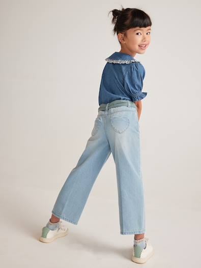 Short Sleeve Denim Shirt with Peter Pan Collar, for Girls - stone, Girls