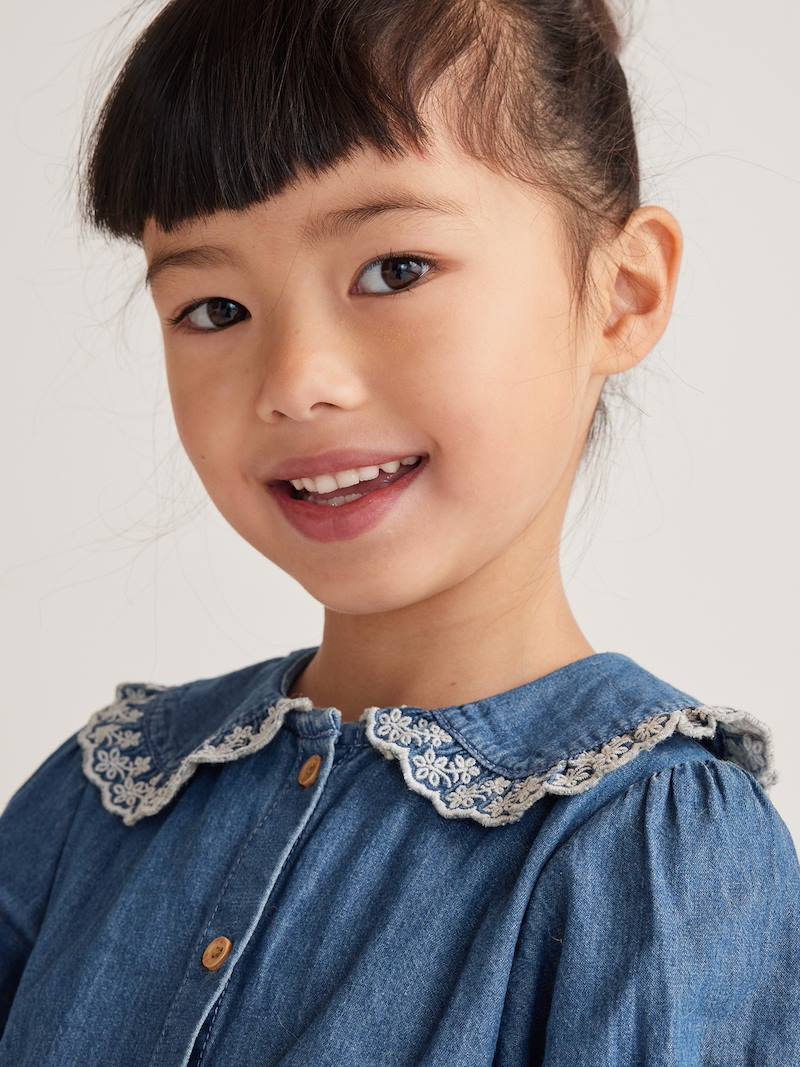 Short Sleeve Denim Shirt with Peter Pan Collar, for Girls - stone, Girls