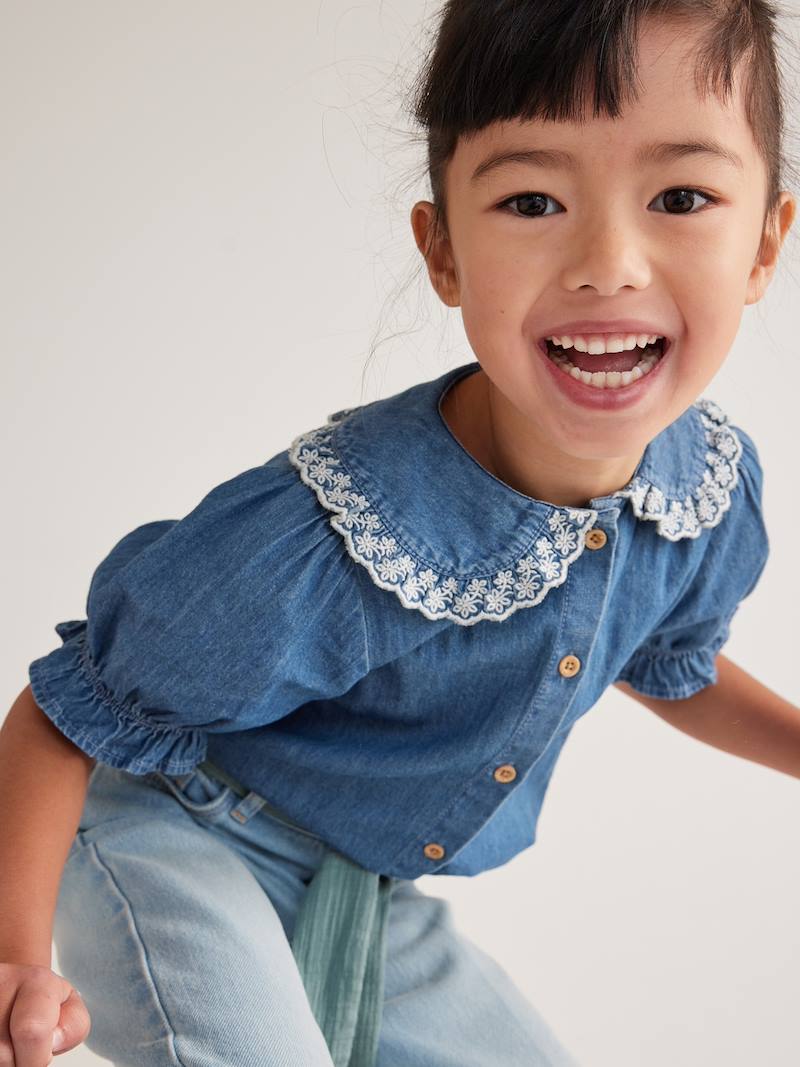 Short Sleeve Denim Shirt with Peter Pan Collar, for Girls - stone, Girls
