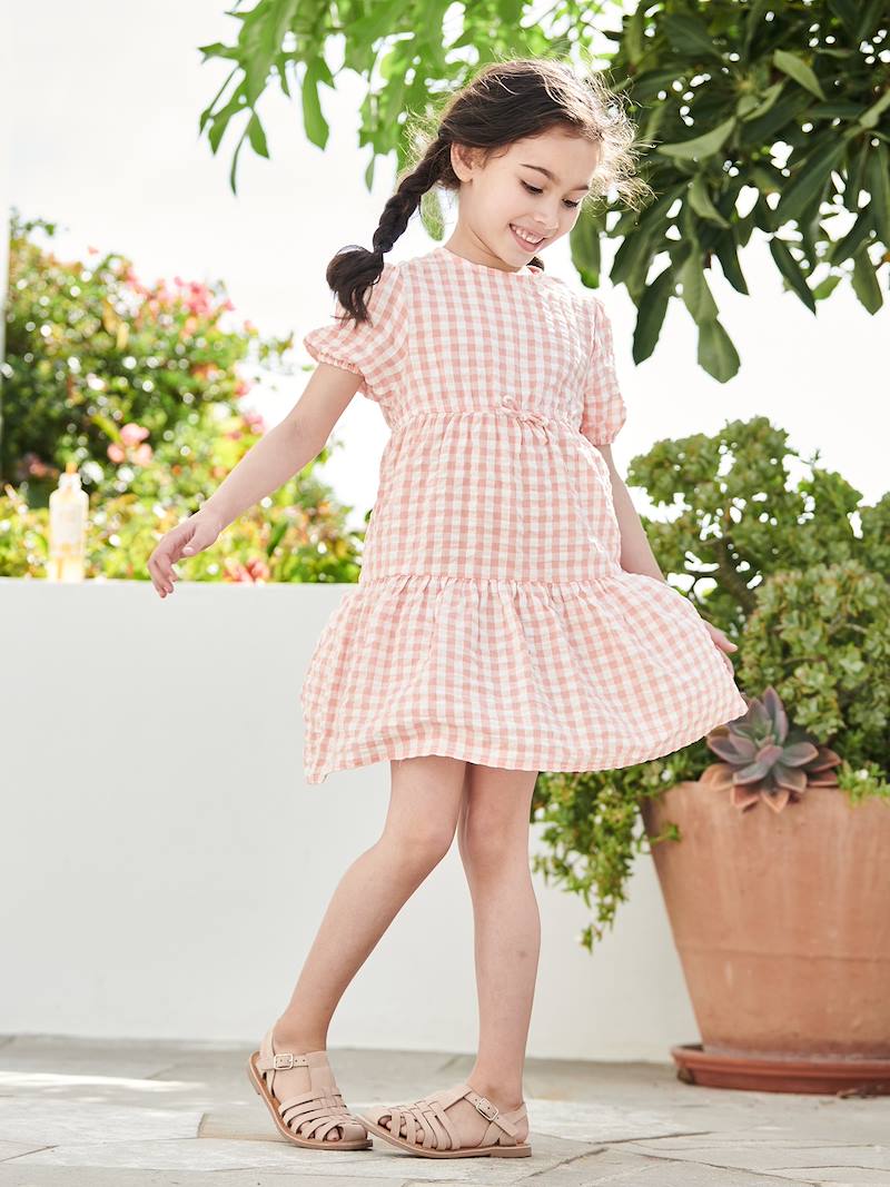 Frilly Dress with 3/4 Sleeves for Girls - coral, Girls