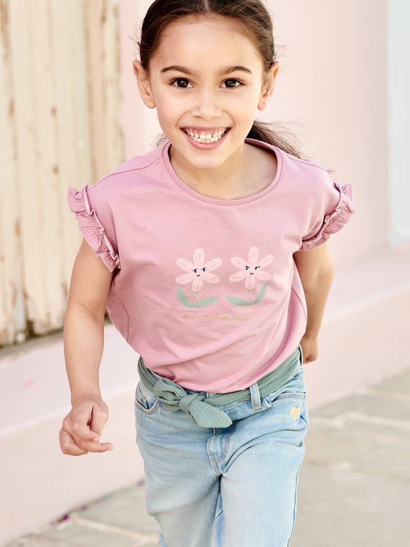 T-Shirt with Iridescent Motif & Short Ruffled Sleeves for Girls - mauve ...