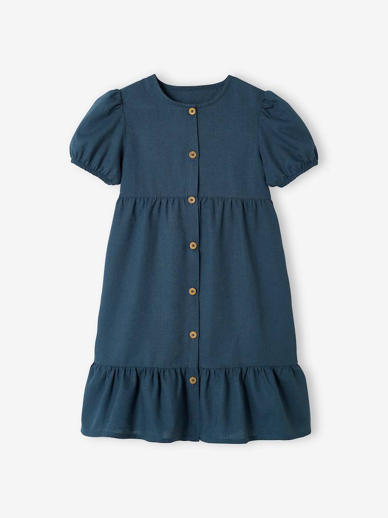 Buttoned Dress in Cotton/Linen for Girls - ink blue, Girls