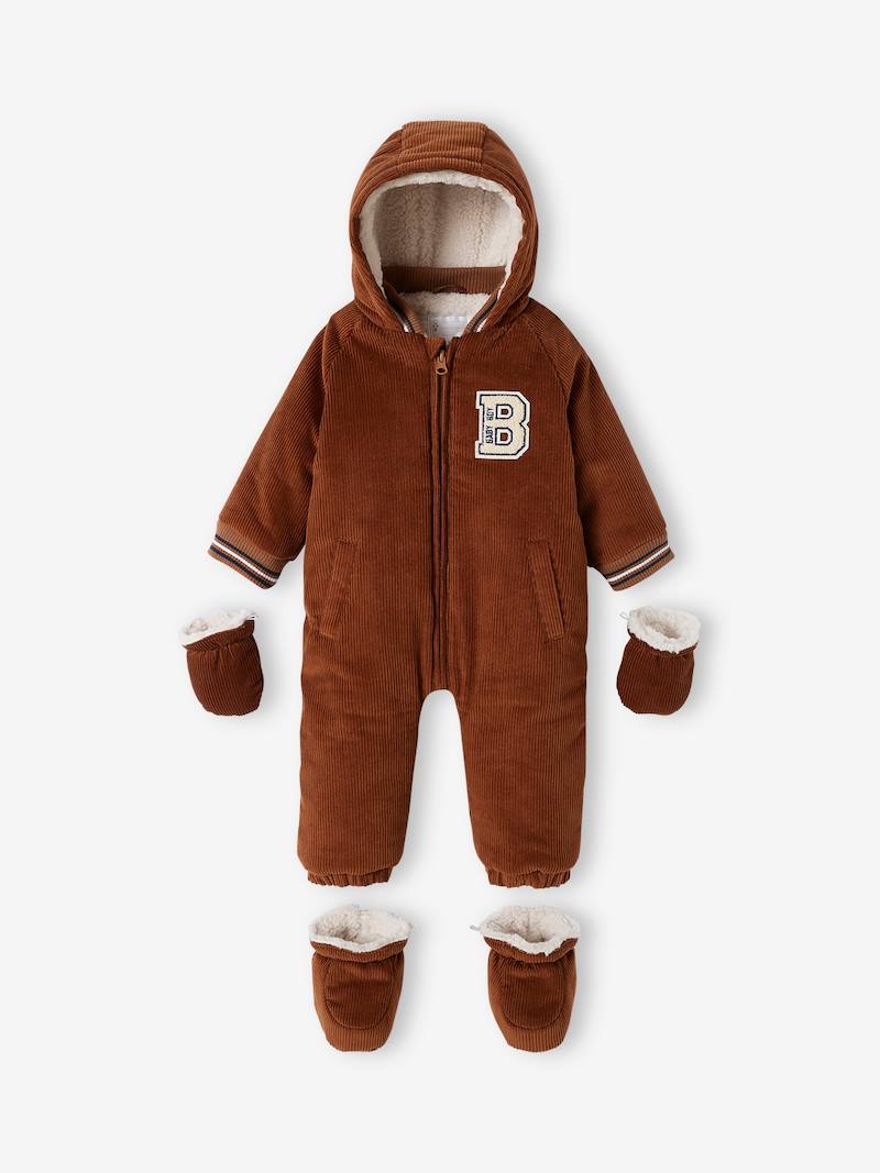Corduroy Pramsuit with Removable Feet & Mittens for Babies - beige, Baby