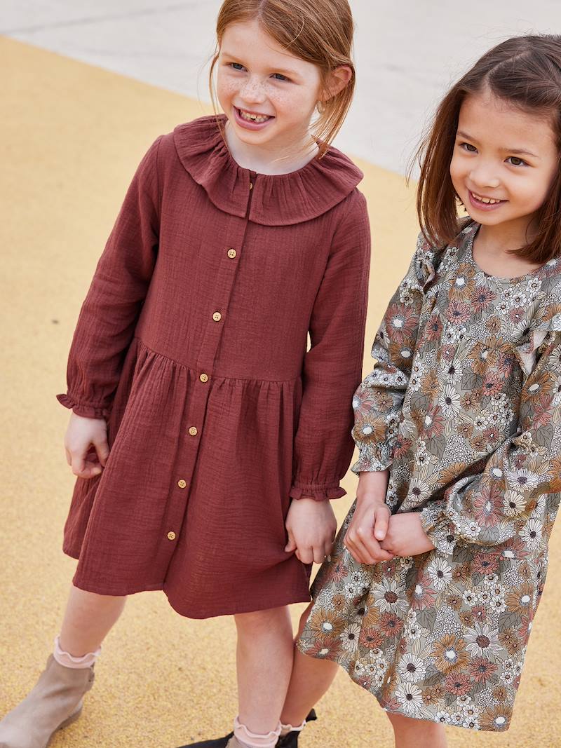 Buttoned Dress in Cotton Gauze for Girls - rose beige, Girls