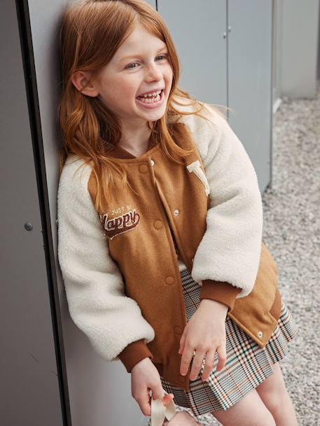 College-Style Dual Fabric Jacket, Bouclé Knit Letter, for Girls - camel ...