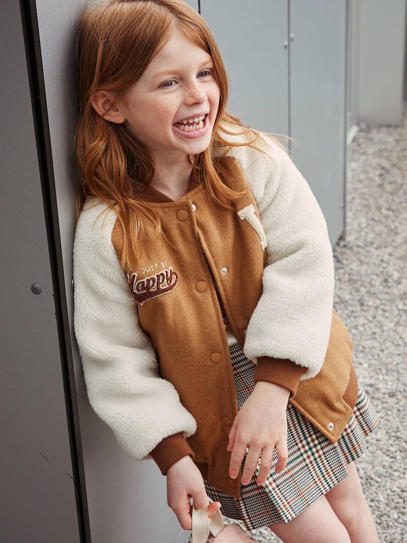 College-Style Dual Fabric Jacket, Bouclé Knit Letter, for Girls - camel ...