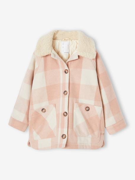 Shacket-Style Coat in Chequered Wool for Girls - chequered pink, Girls
