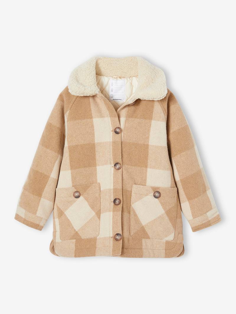 Shacket-Style Coat in Chequered Wool for Girls - chequered pink, Girls