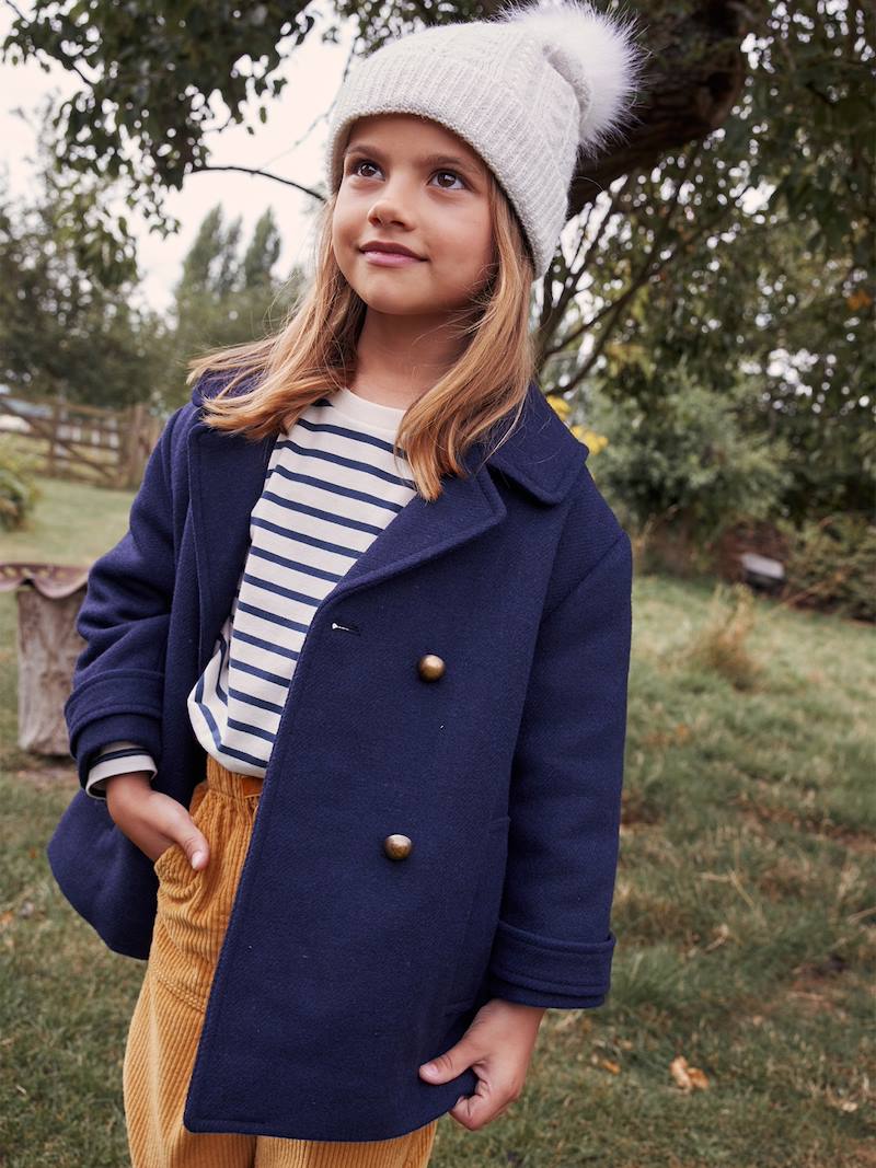 Officer's Coat in Woollen Cloth for Girls - navy blue, Girls