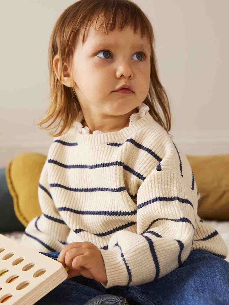 Rib Knit Jumper with Broderie Anglaise Collar for Babies - navy blue, Baby