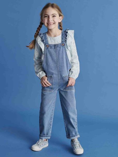 Denim Dungarees, Flounce Straps, for Girls - stone, Girls