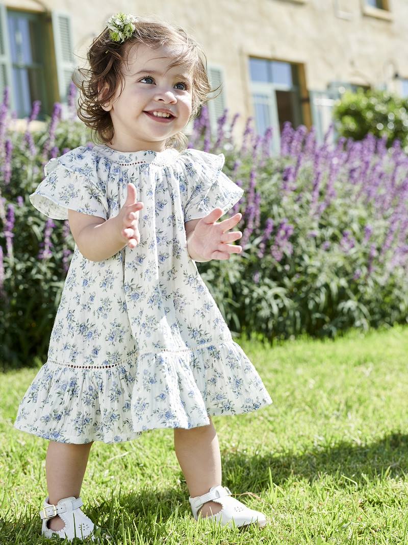 Floral Occasion Wear Dress in Cotton Gauze, for Babies - ecru, Baby