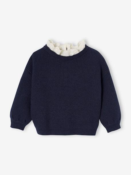 Rib Knit Jumper with Broderie Anglaise Collar for Babies - navy blue, Baby