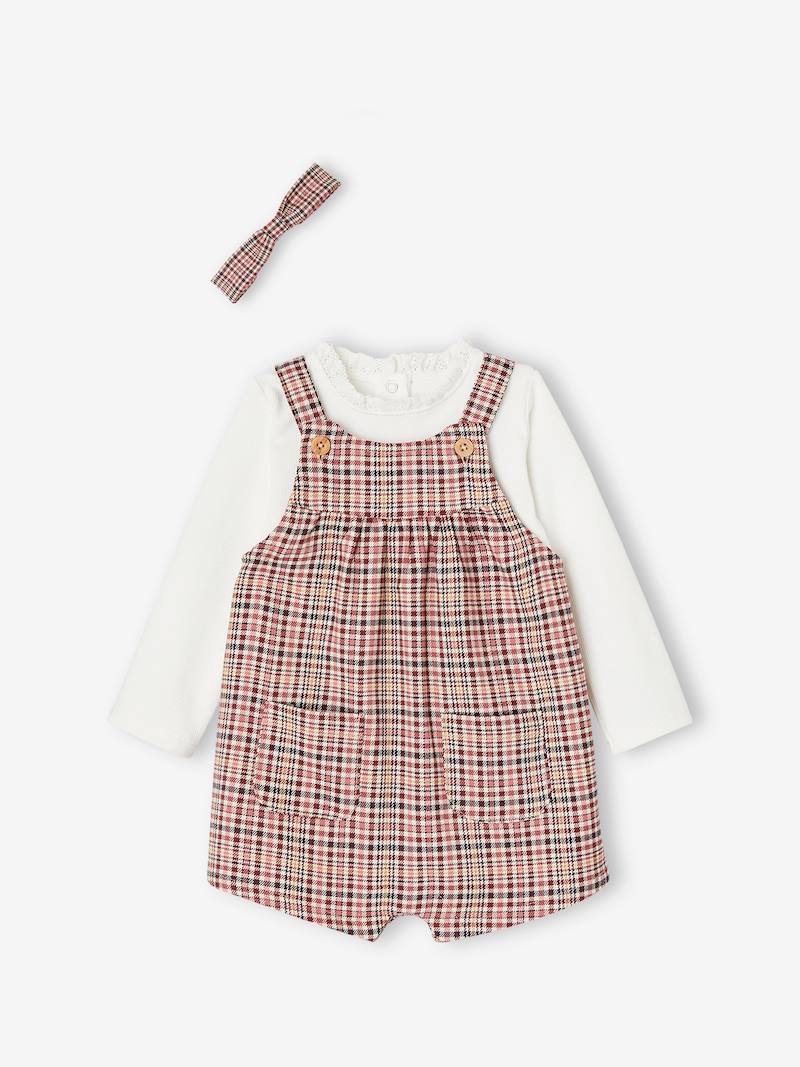 Chequered Short Dungarees + Shirt & Headband Ensemble for Baby Girls ...