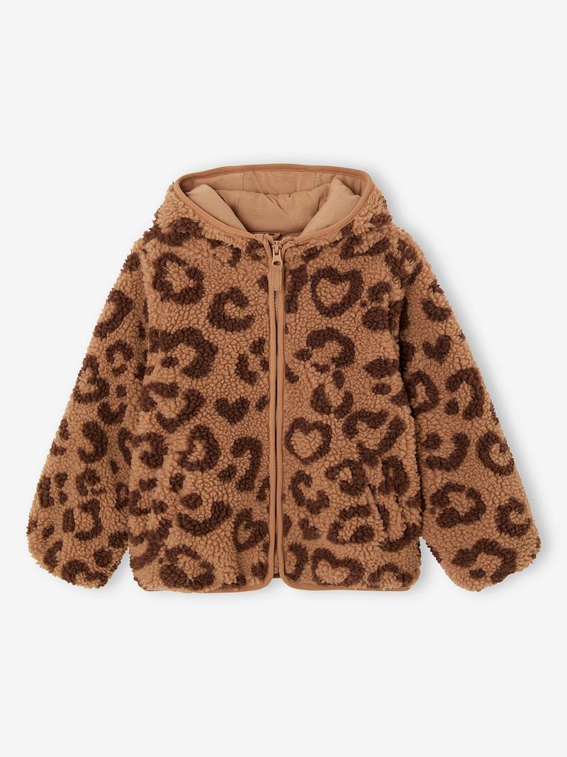 Hooded Jacket in Sherpa with Leopard Print for Girls - printed brown, Girls