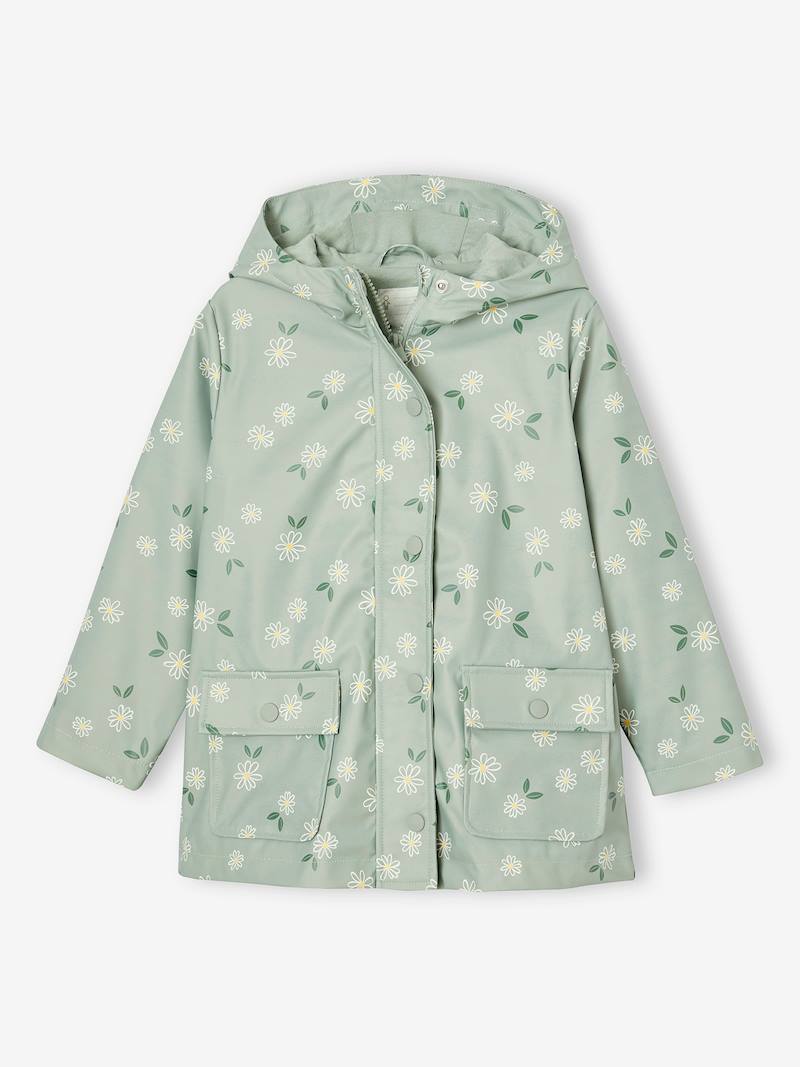 Printed hooded raincoat for girls - grey green, Girls