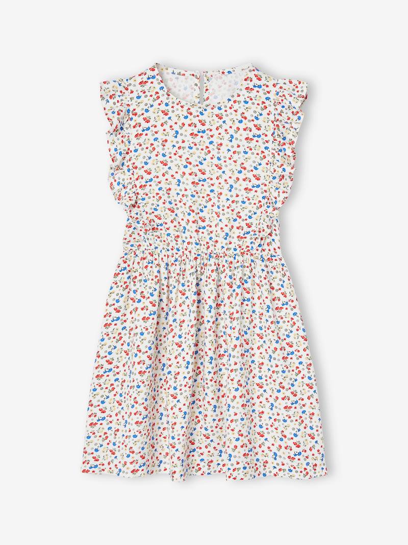 Frilly seersucker dress for girls - chequered red, Girls