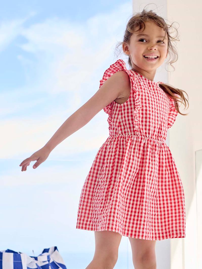 Frilly seersucker dress for girls - vanilla, Girls