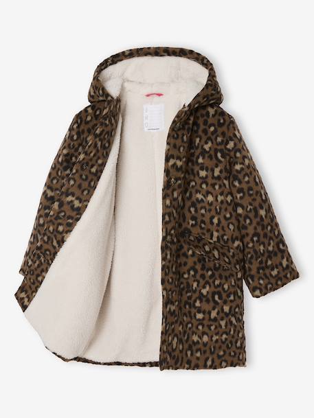Leopard Print Wool Blend Hooded Coat for Girls - brown, Girls